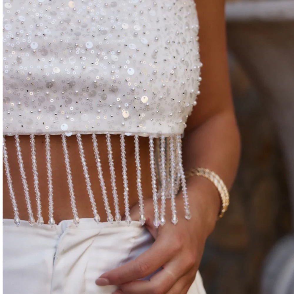 12th Tribe - Affair White Sequin Fringe Crop Top - Gem